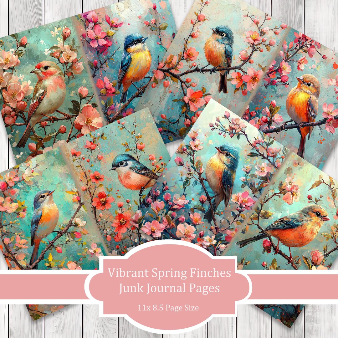 Vibrant Spring Finches - Journal Paper Set, Junk Journal Pages, Flower ...