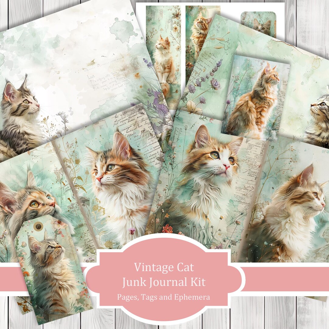 Vintage Cats - Junk Journal Kit, Journal Pages, Papers, Ephemera, Tags ...
