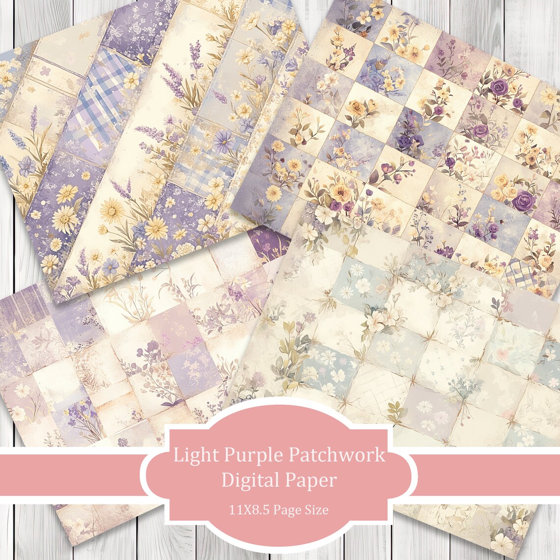 Light Purple Patchwork - Journal Paper Set, Junk Journal Pages, Junk ...