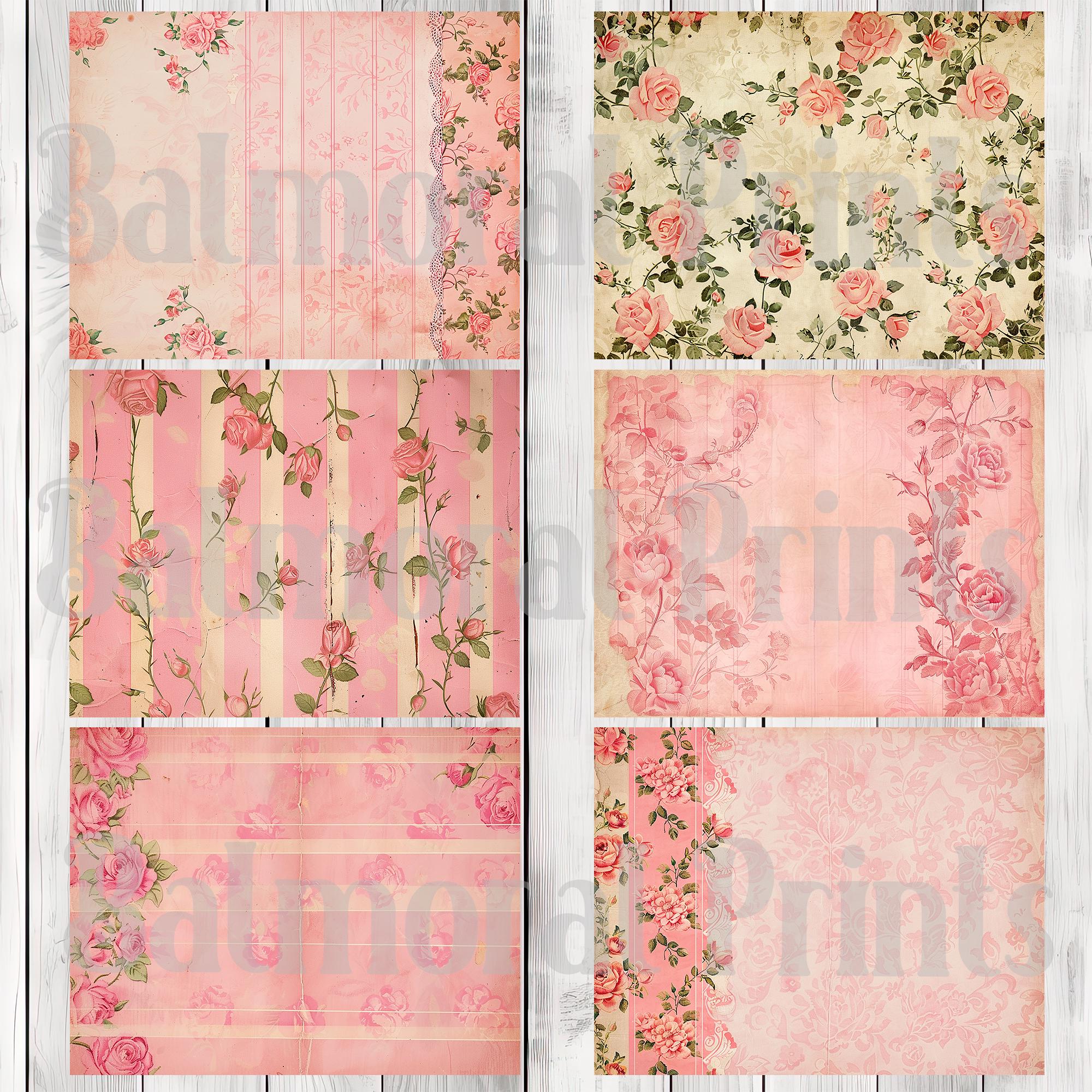 Pink Vintage Rose Digital Paper Pack, Shabby Chic Floral Scrapbook ...