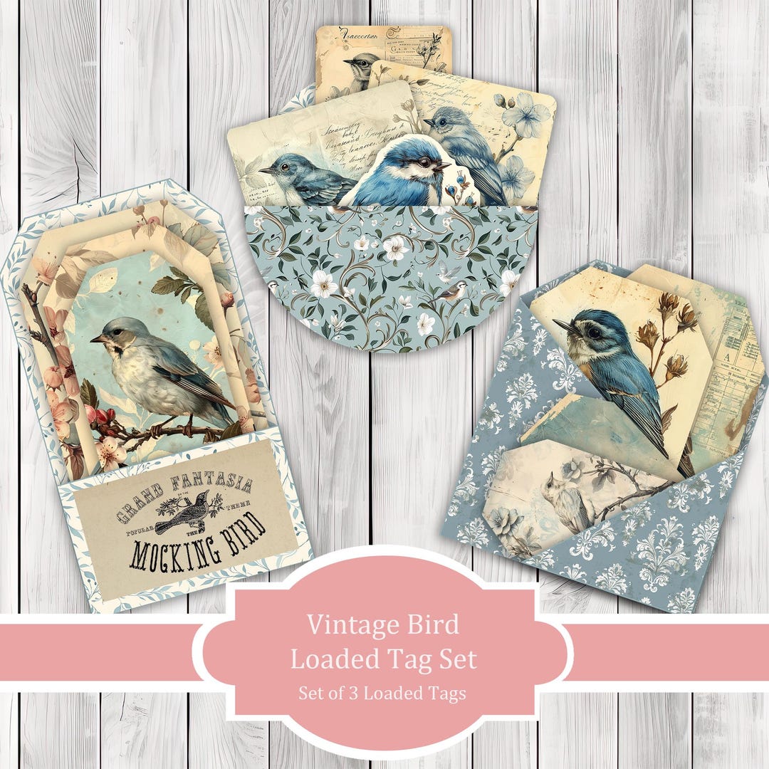 Vintage Bird Loaded Tag Set - Blue - Loaded Tags | Ephemera Labels ...