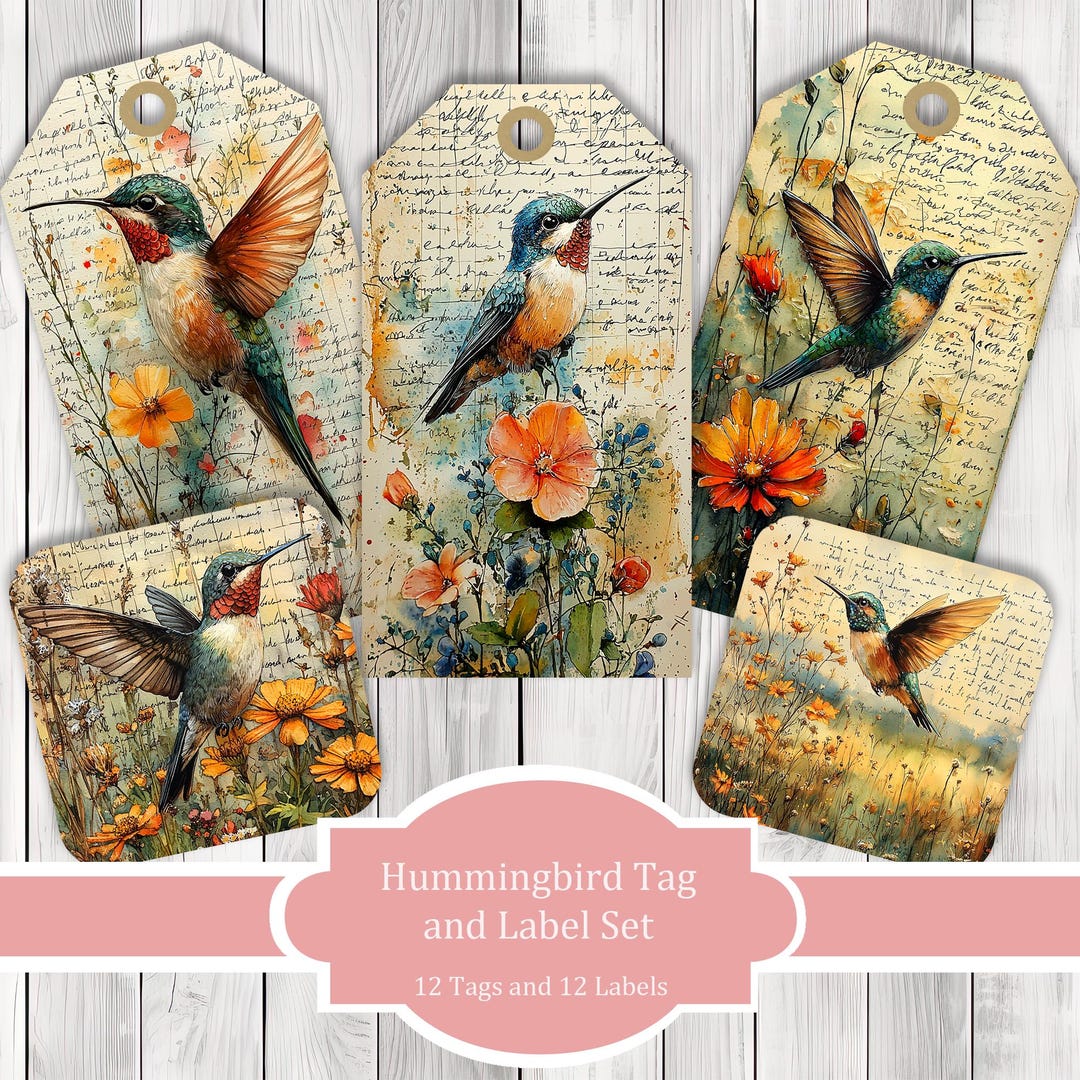 Vintage Hummingbird Tag and Label Set - Collage Scrapbook - Patchwork ...