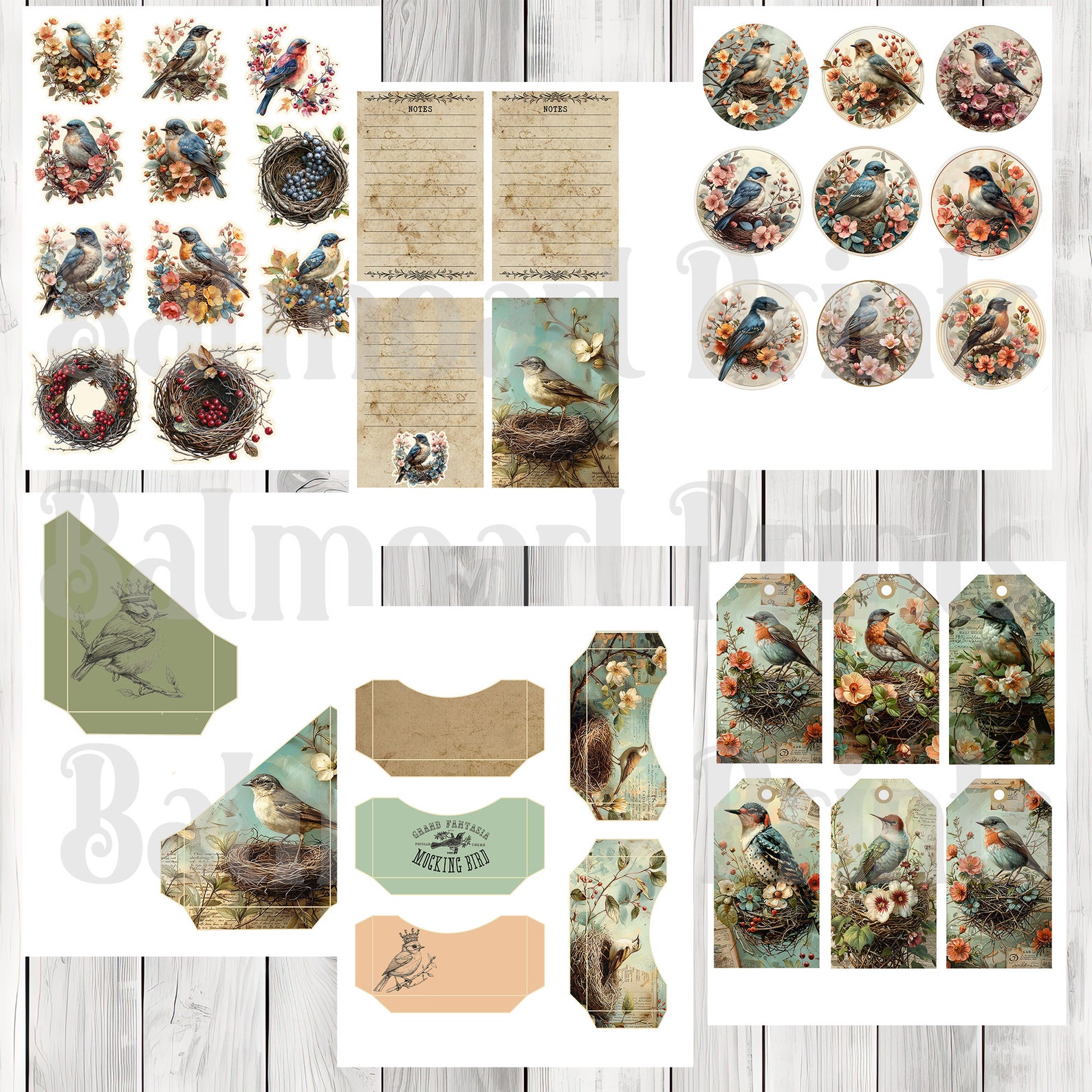 Vintage Bird Pocket Journal Kit, Junk Journal Kit, Journal Pages ...