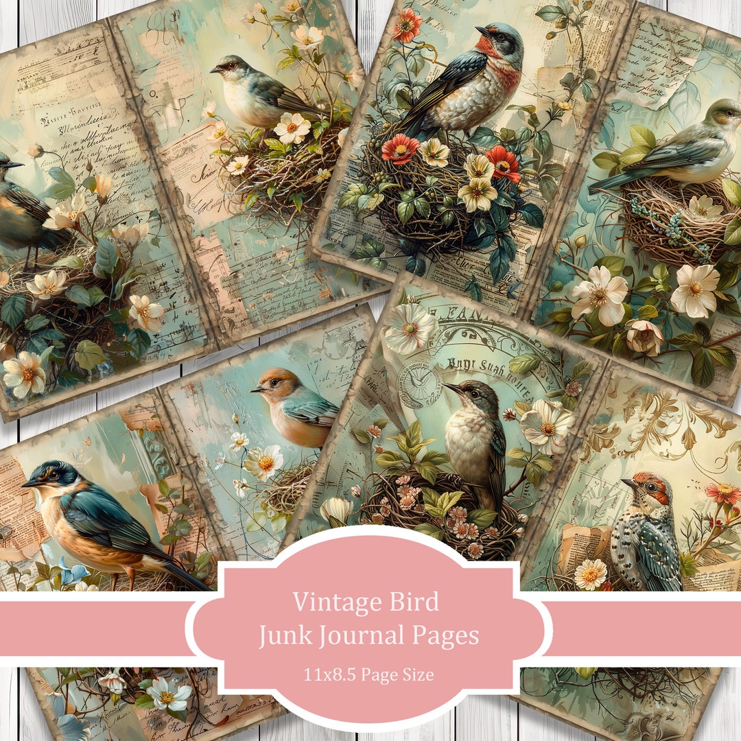 Vintage Nesting Birds - Journal Paper Set, Junk Journal Pages, Flower ...