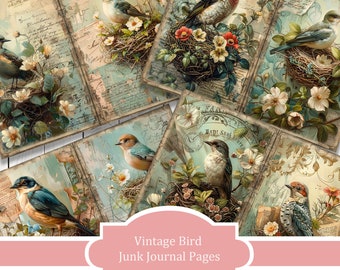 Vintage Nesting Birds - Journal Paper Set, Junk Journal Pages, Flower ...
