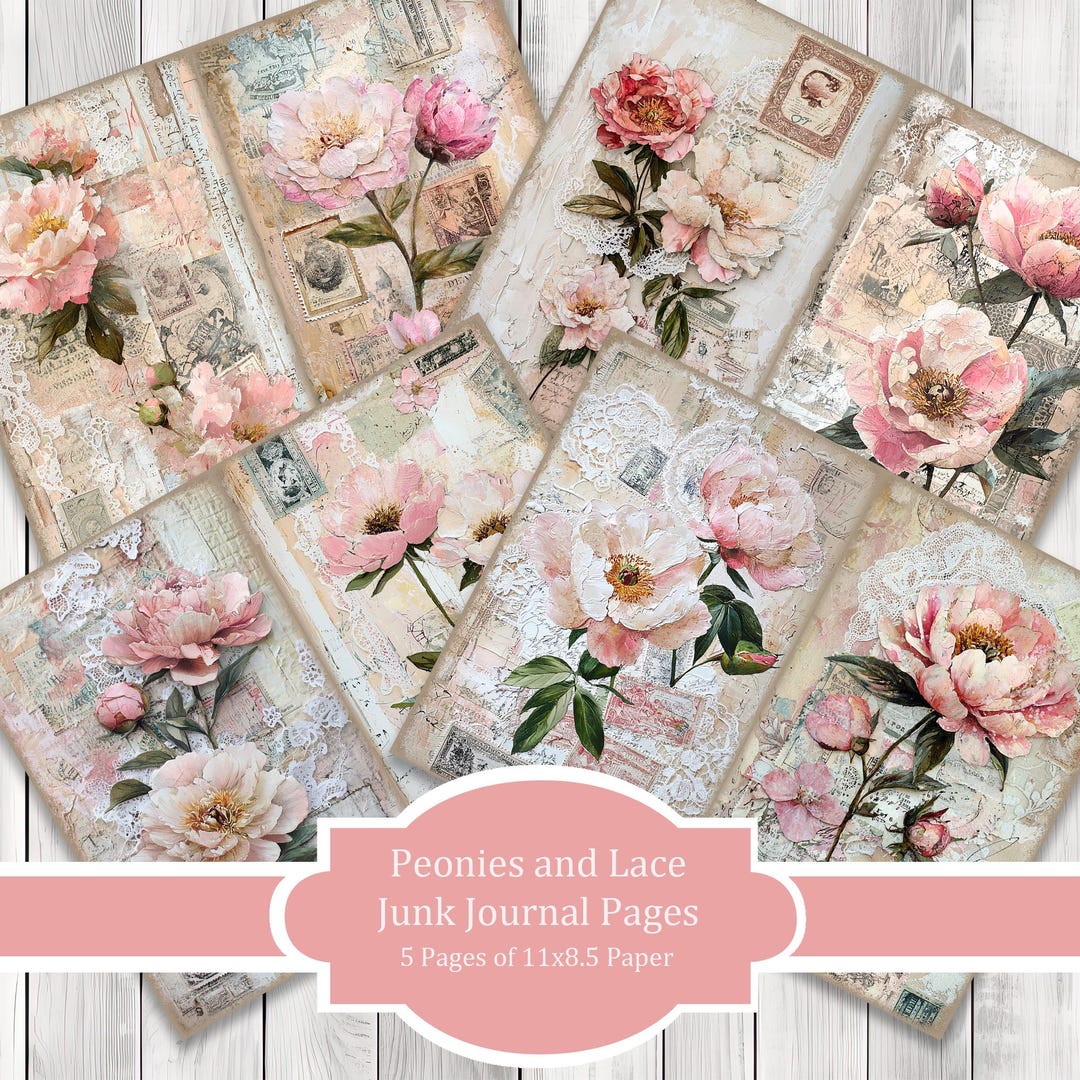 Peonies and Lace - Journal Paper Set, Junk Journal Pages, Flower ...