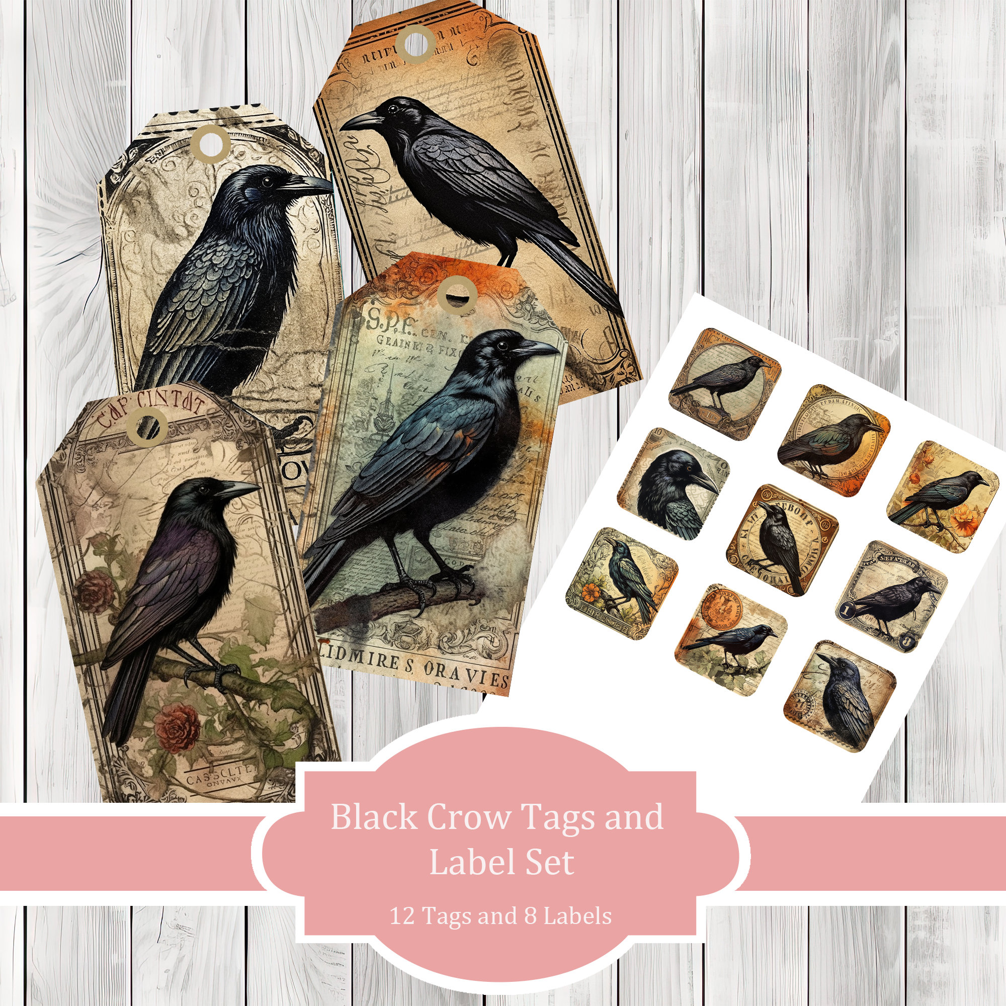 Vintage Crow Tag and Label Set - Collage Scrapbook - Patchwork Tags ...