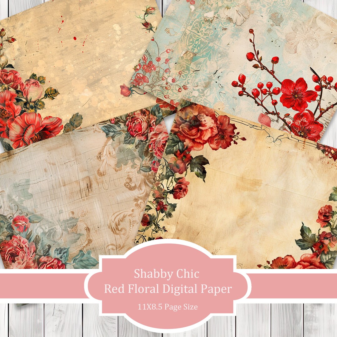 Shabby Chic Red Floral - Journal Paper Set, Junk Journal Pages, Junk ...