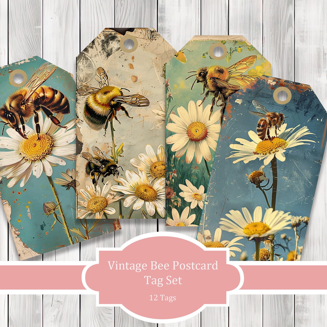 Vintage Bee Postcard Tags - Collage Scrapbook - Patchwork Tags ...