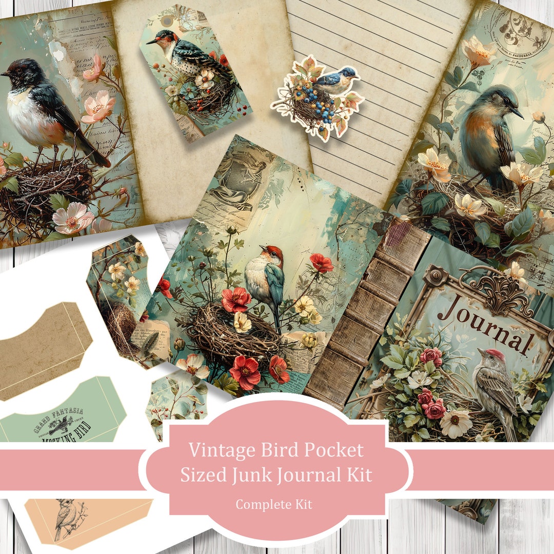 Vintage Bird Pocket Journal Kit, Junk Journal Kit, Journal Pages ...