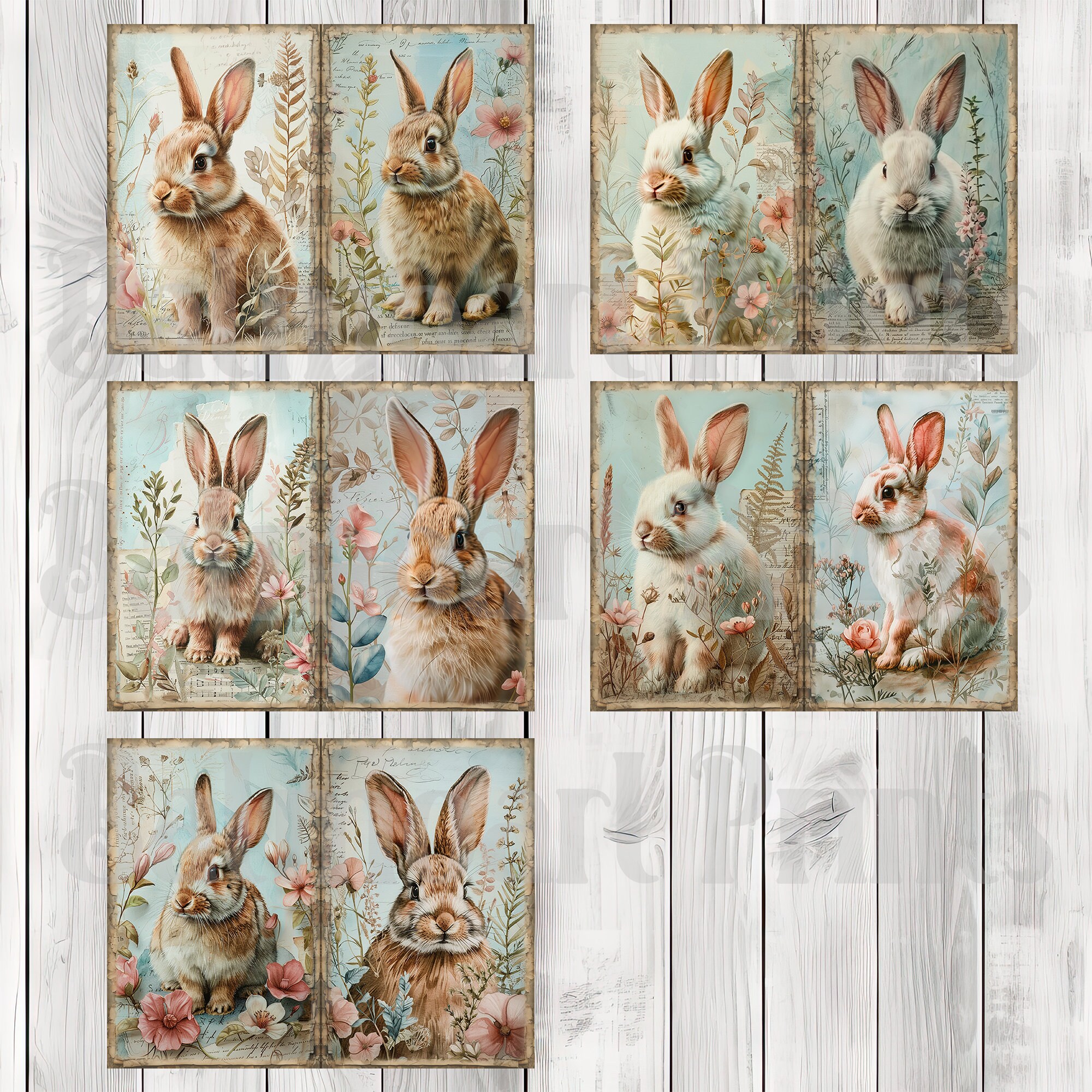 Vintage Rabbits Journal Paper Set, Junk Journal Pages, Flower Junk ...