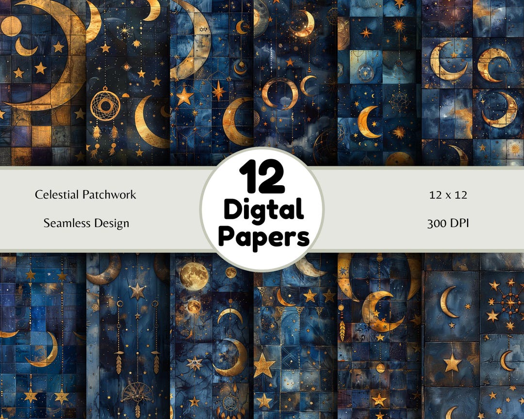 Celestial Patchwork - Seamless Pattern - Digital Paper - Printable Journal, Scrapbook Paper ...
