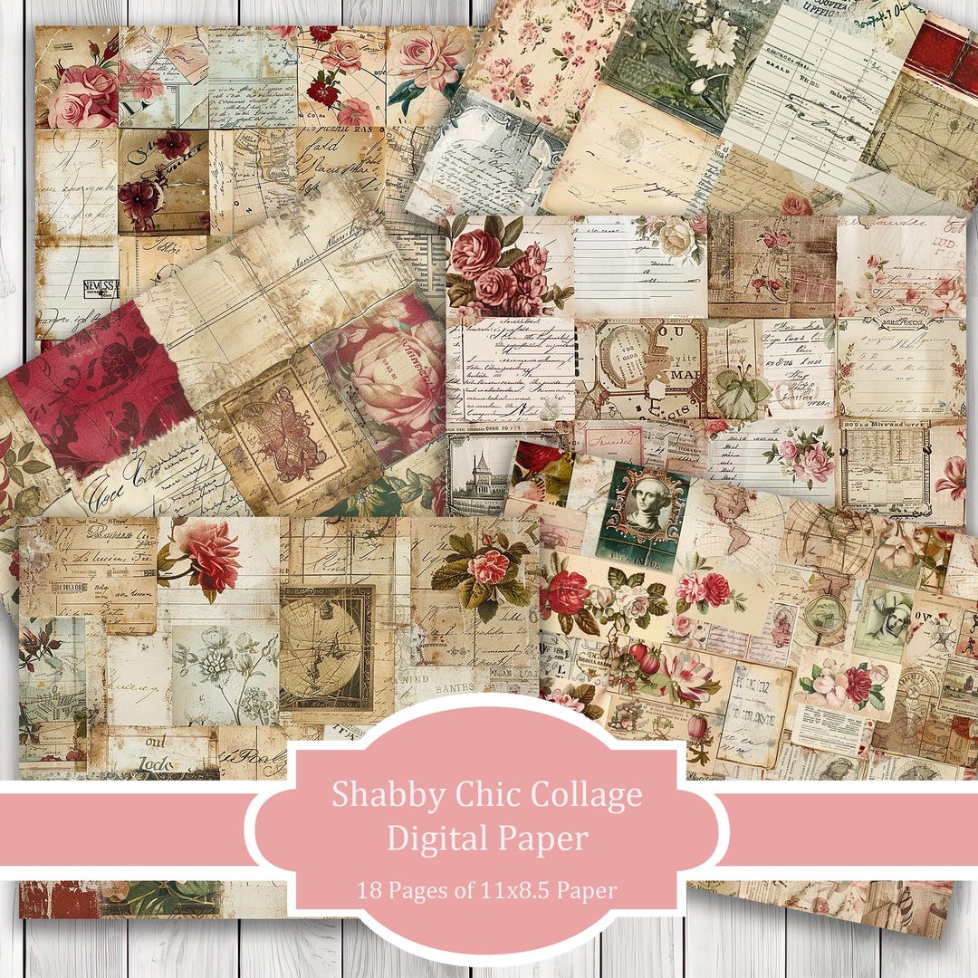 Shabby Chic Collage Red - Journal Paper Set, Junk Journal Pages, Junk ...