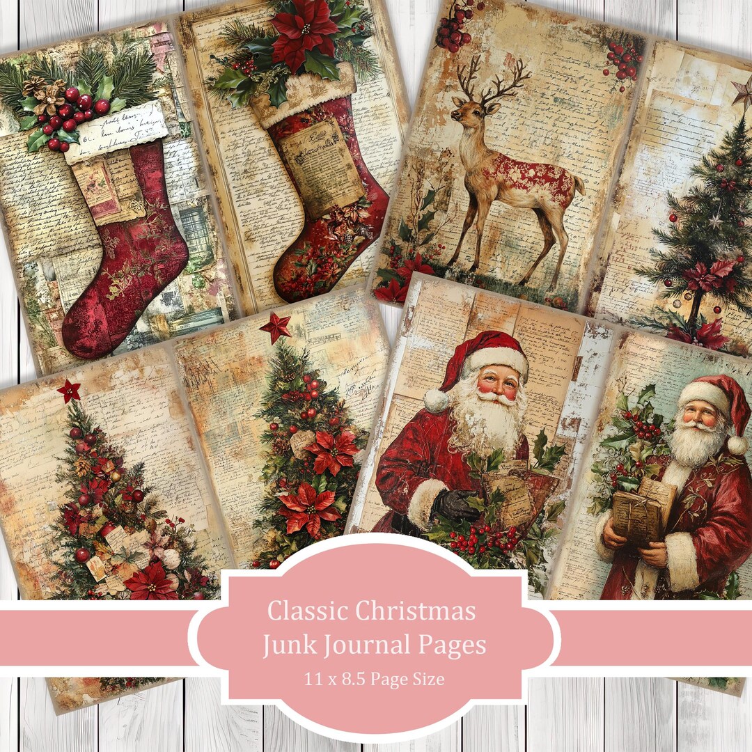 Classic Christmas - Journal Paper Set, Junk Journal Pages, Flower Junk ...
