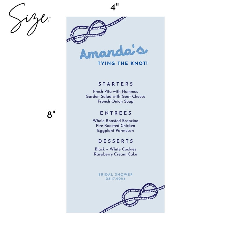 Nautical Tying the Knot Menu for Bridal Shower Canva Template, Editable ...
