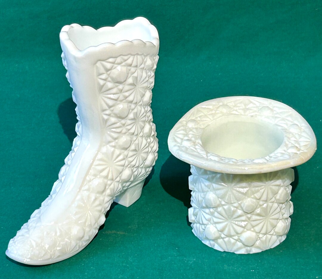 Fenton Boot & Top Hat Milk Glass Daisy and Button Pair Toothpick ...