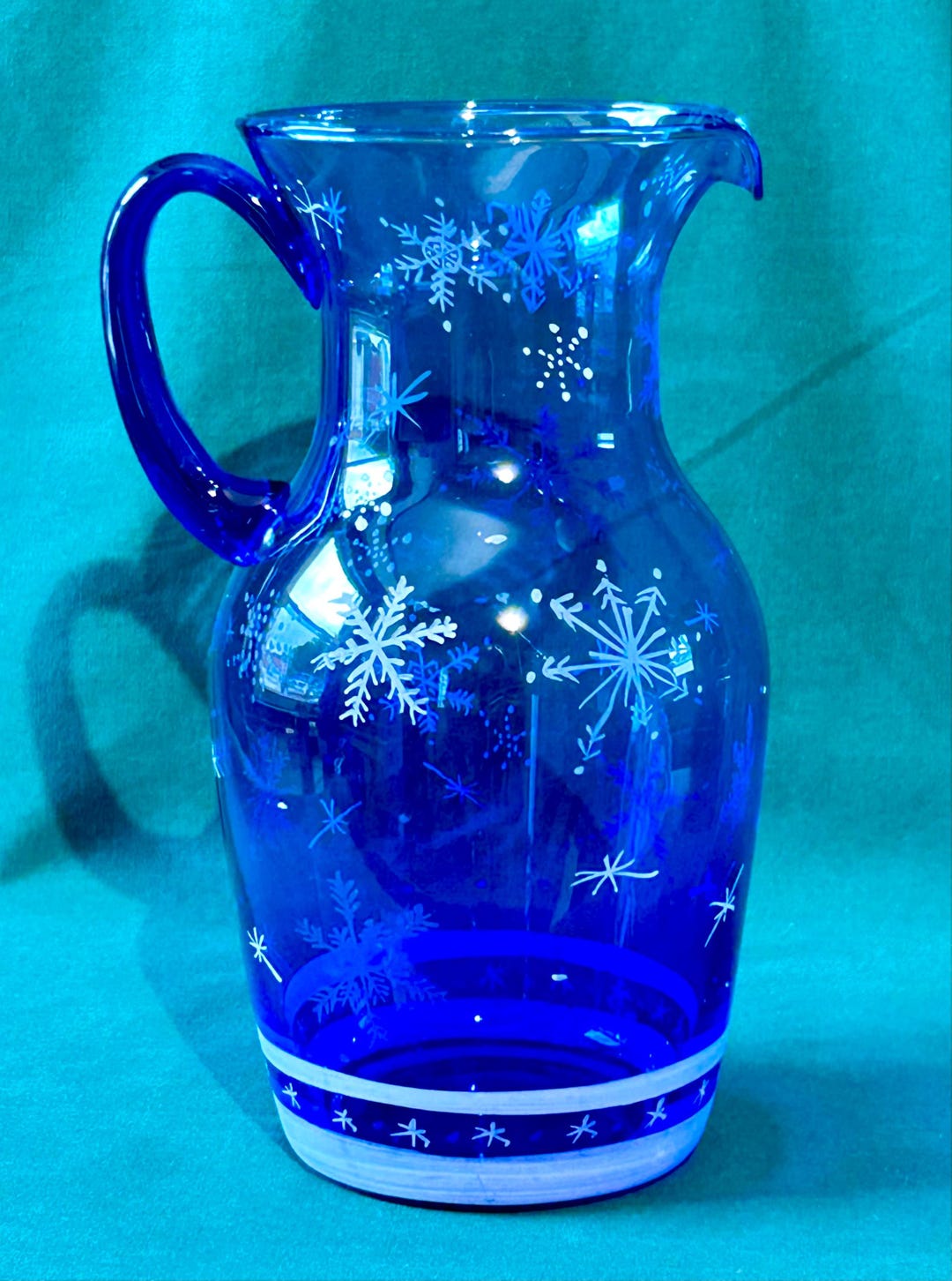 Cobalt Blue Glass Pitcher 7 1/2 Etched Snowflakes Hand Blown Applied ...