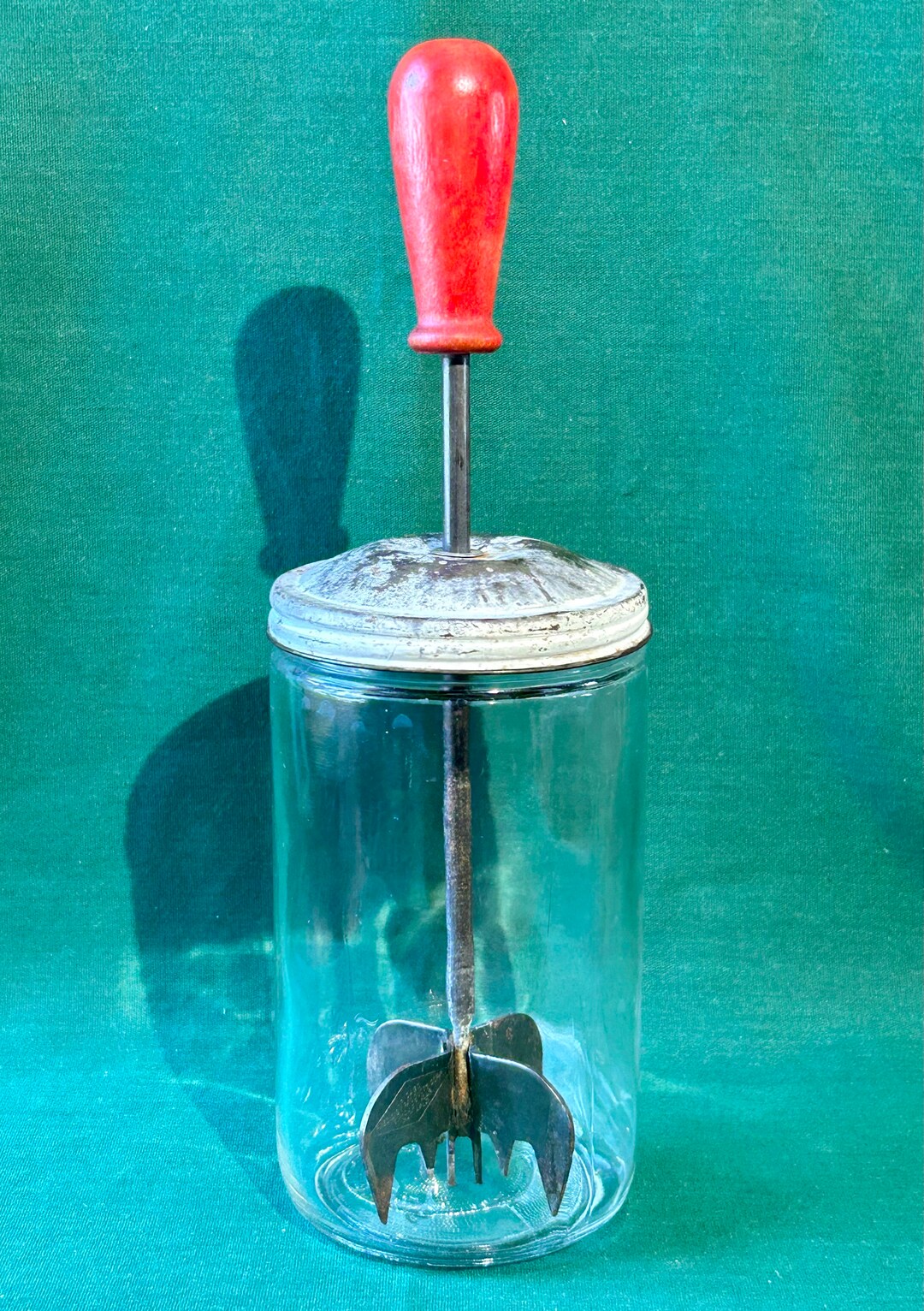 Vtg Food Chopper Anchor Hocking Glass Jar Painted Red Wood Handle and ...