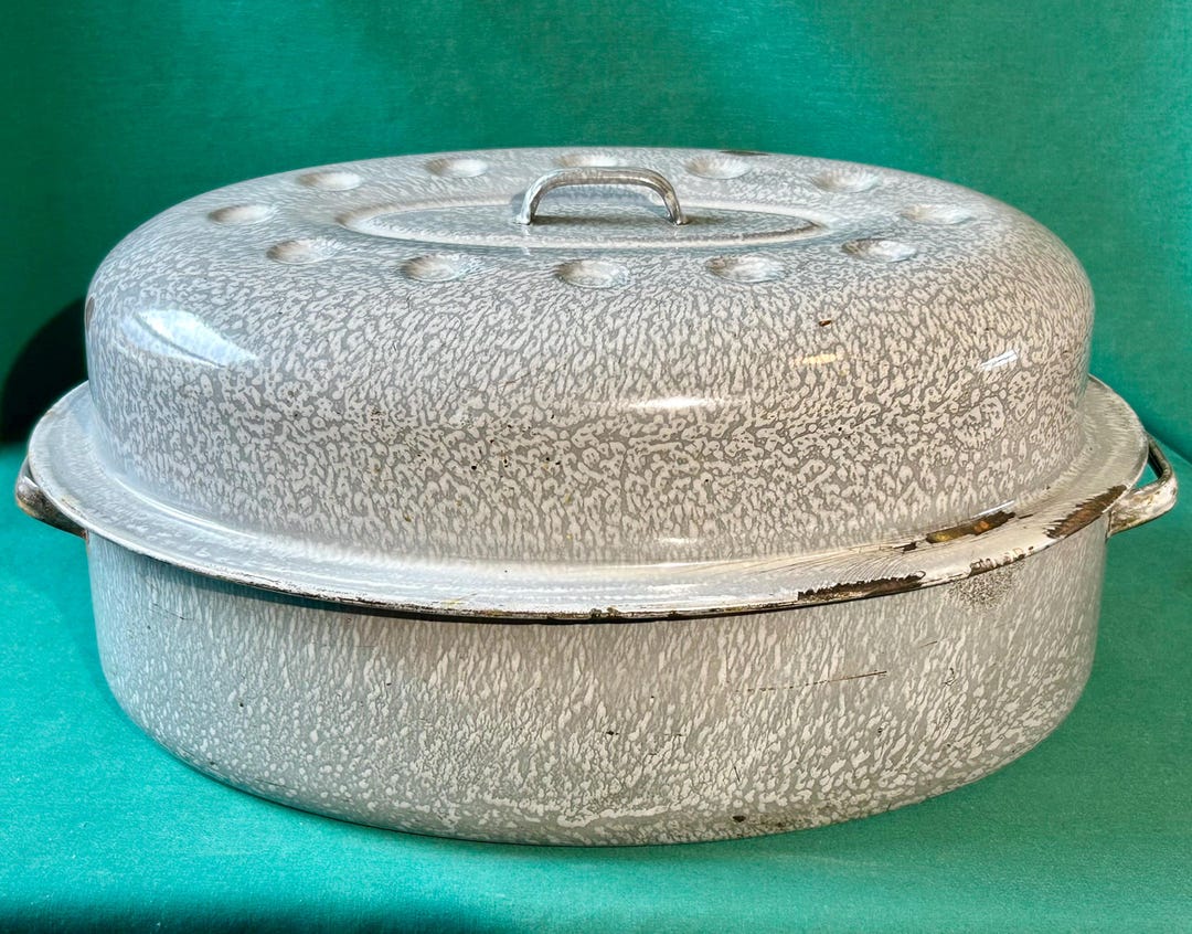 Gray Mottled Graniteware Oval Roaster W Lid 15" Speckled Covered Enamel ...