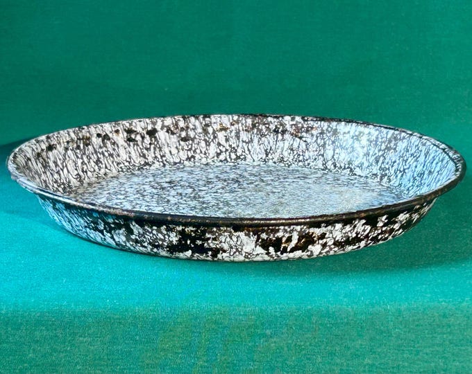 Antique Mottled Graniteware Pie Pan Black White Speckled Enamel Vintage ...
