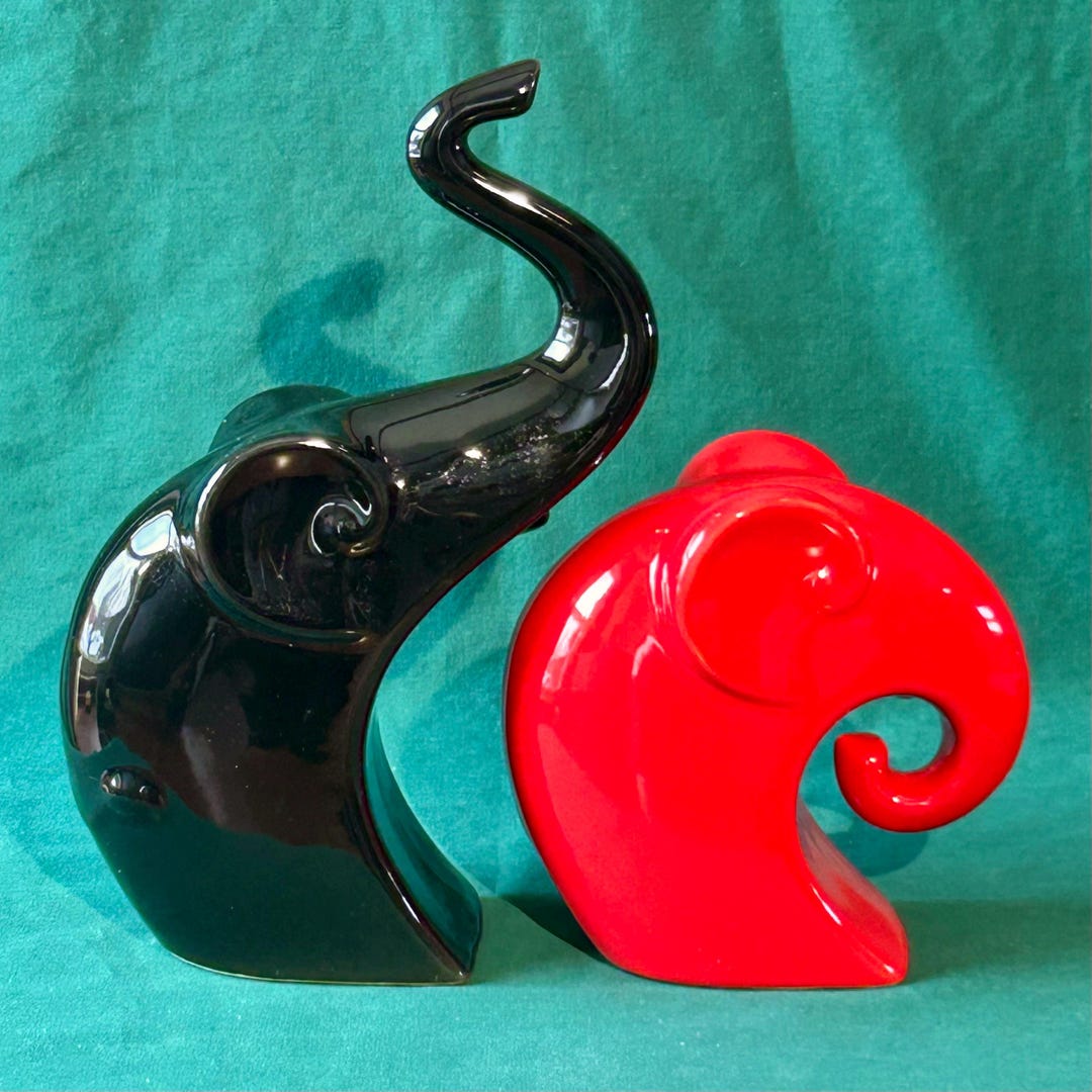 Vintage Art Deco Pottery Elephants Sleek Glossy Pair - Black 9”, Red 5 ...