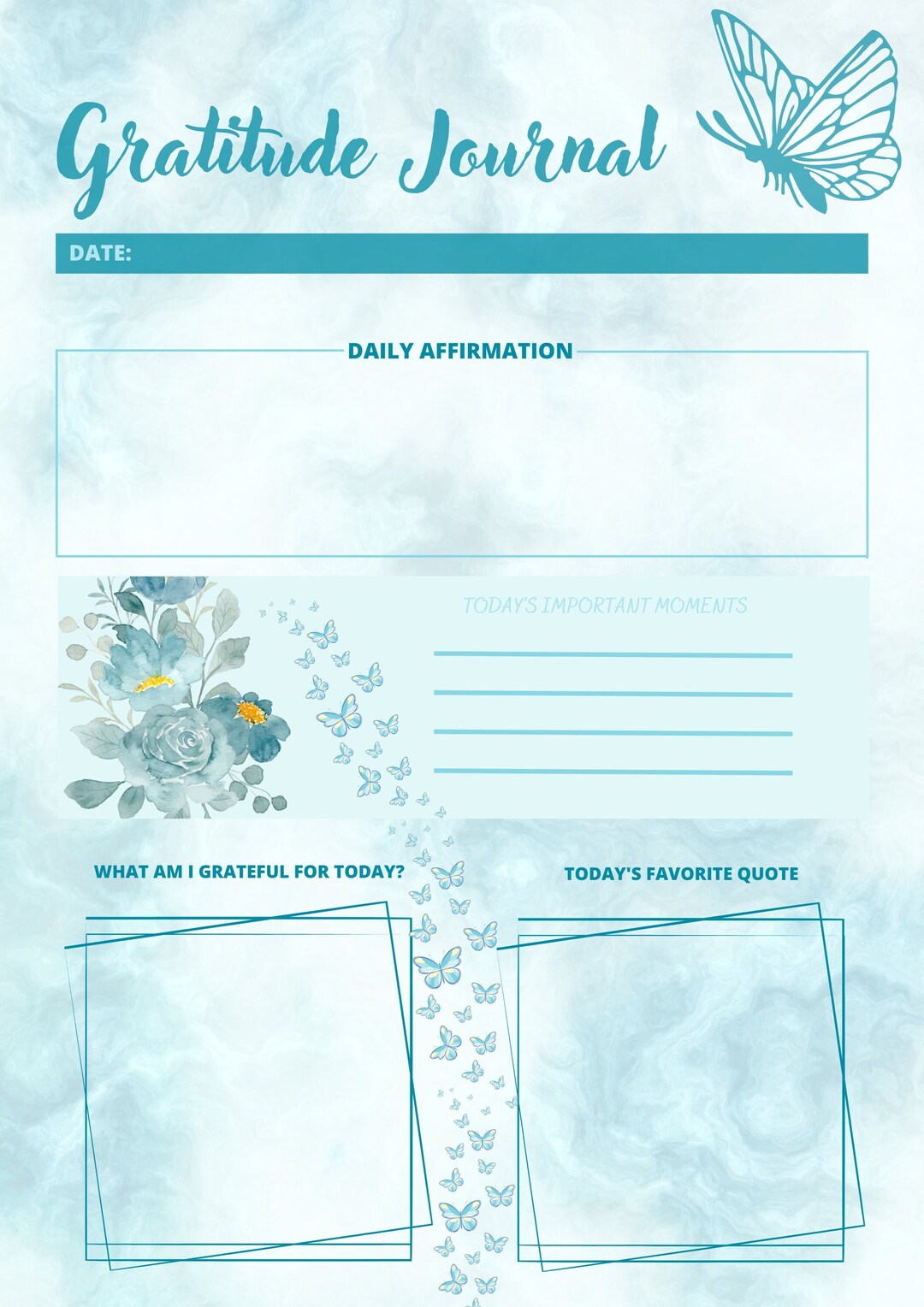 Blue Watercolor Butterflies Gratitude Journal Page - Etsy