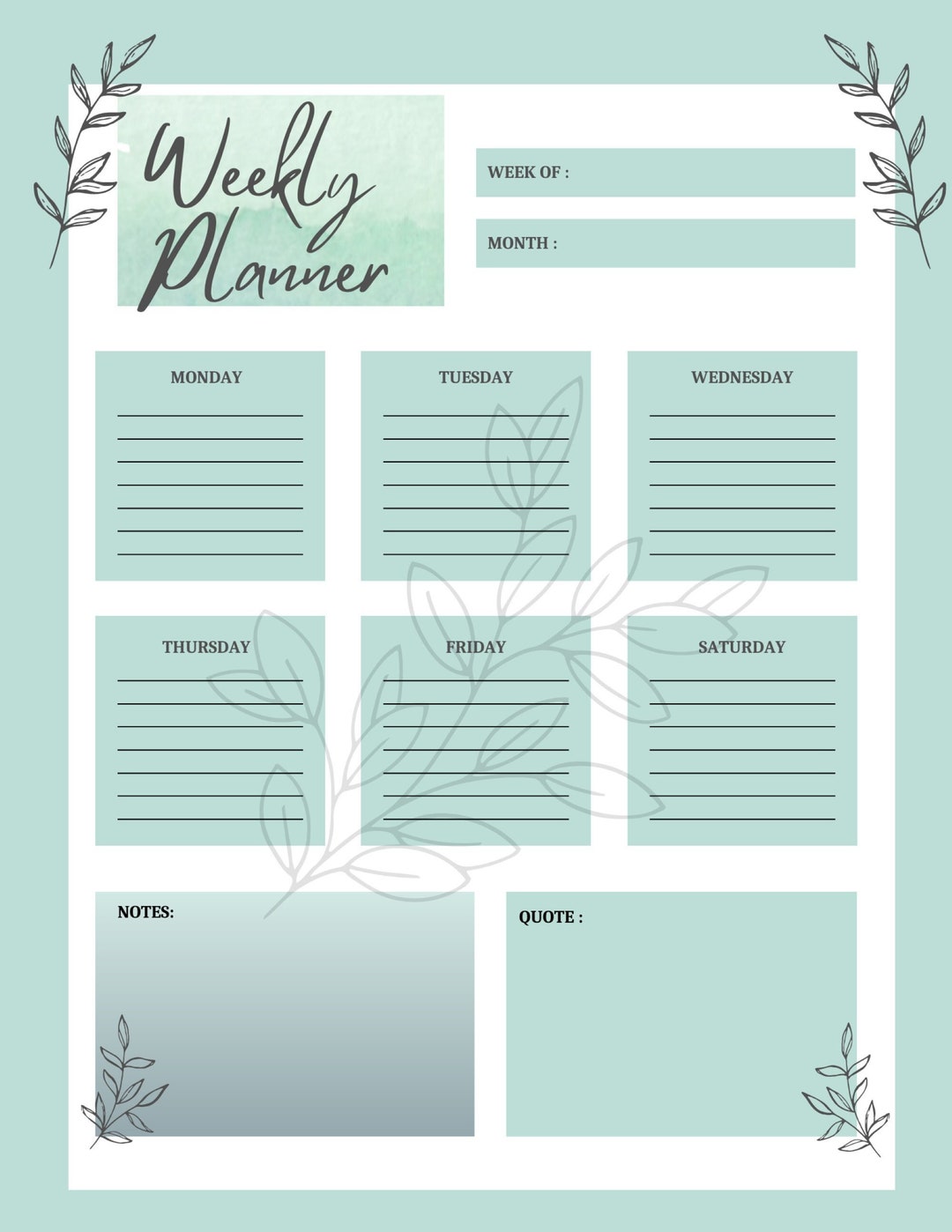 Floral Leaf Weekly Planner, Printable Weekly Minimal Planner - Etsy