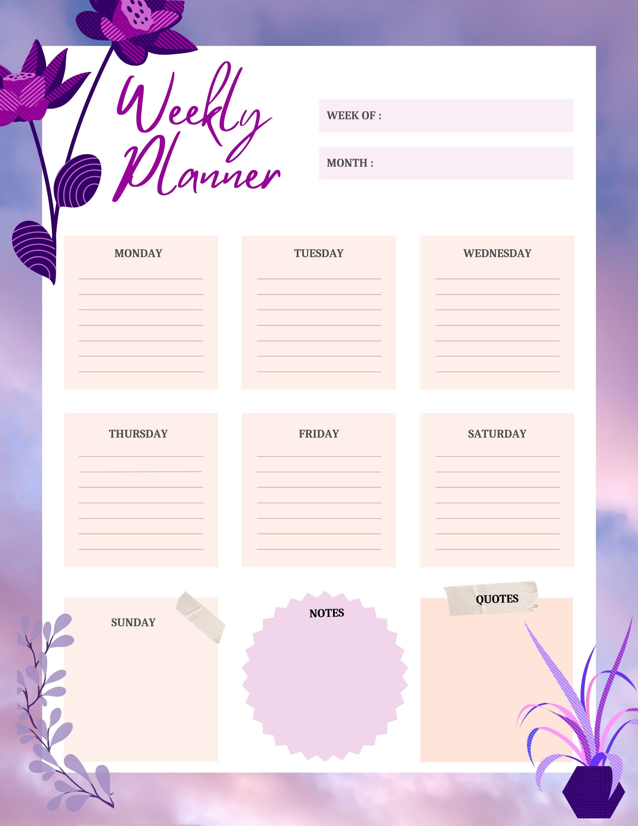 Pink & Purple Minimal Weekly Planner - Etsy