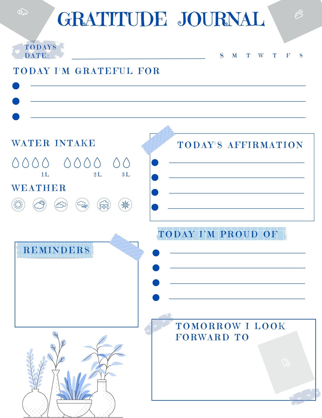 Gratitude Blue Potted Plants Minimal Journal Page - Etsy