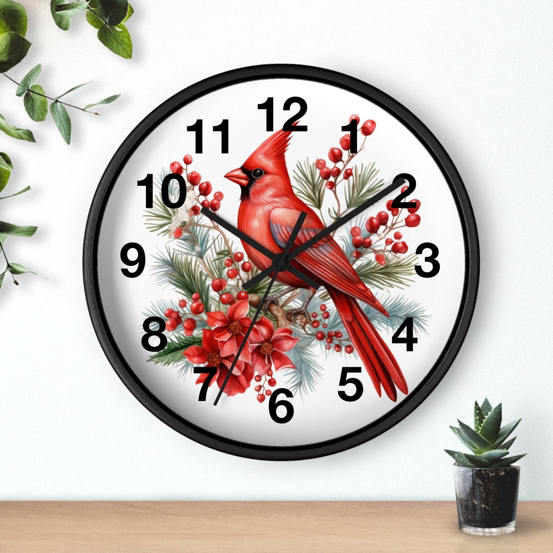 Cardinal Floral Christmas Wall Clock, Winter Cardinal, Christmas ...