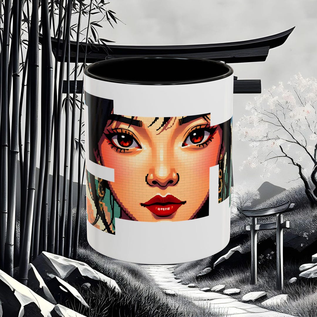 Mug, Beautiful Asian Pixelated Portrait Glimpsing Through Cyber System ...