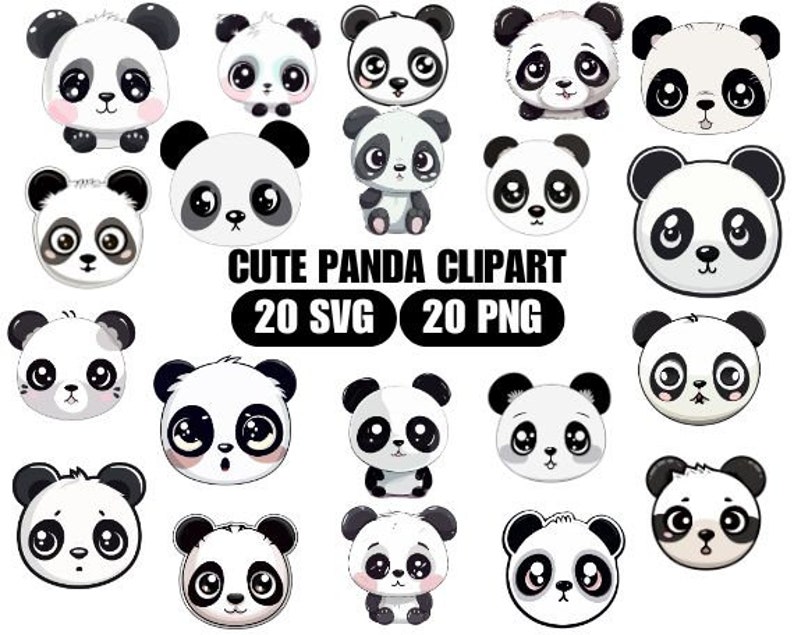 20 Cute Pandas Kawaii Clipart Bundle 20 SVG + 20 Transparent PNG 300 ...