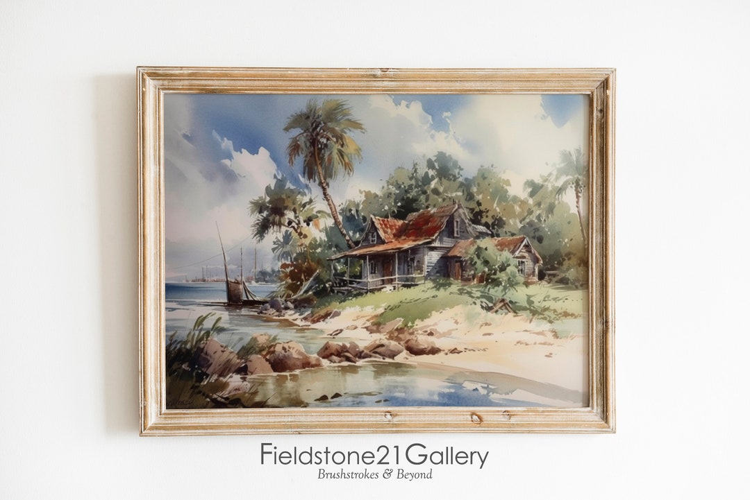 Old Florida - House at the Inlet Vintage Watercolor, Florida Inlet ...