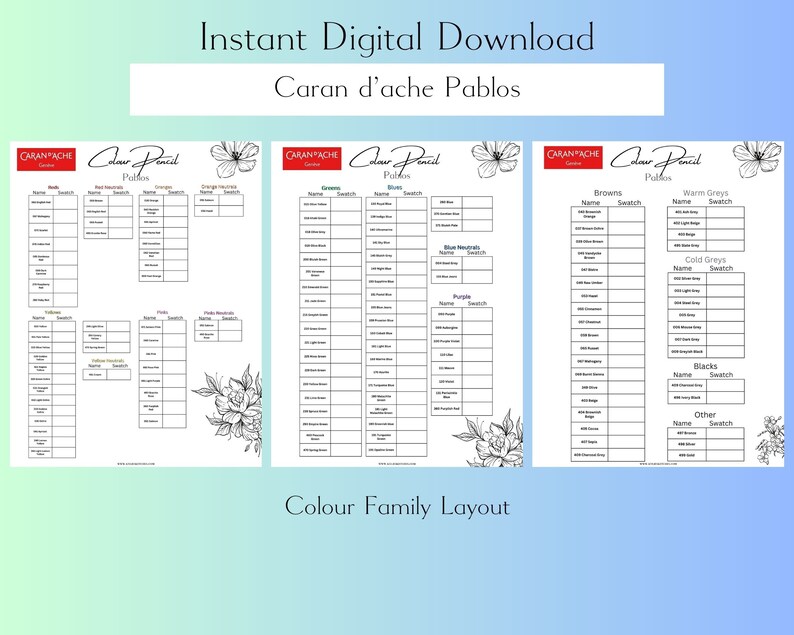 Caran D'ache Pablo 120 Colour Pencil Swatch Sheets in Colour Family ...