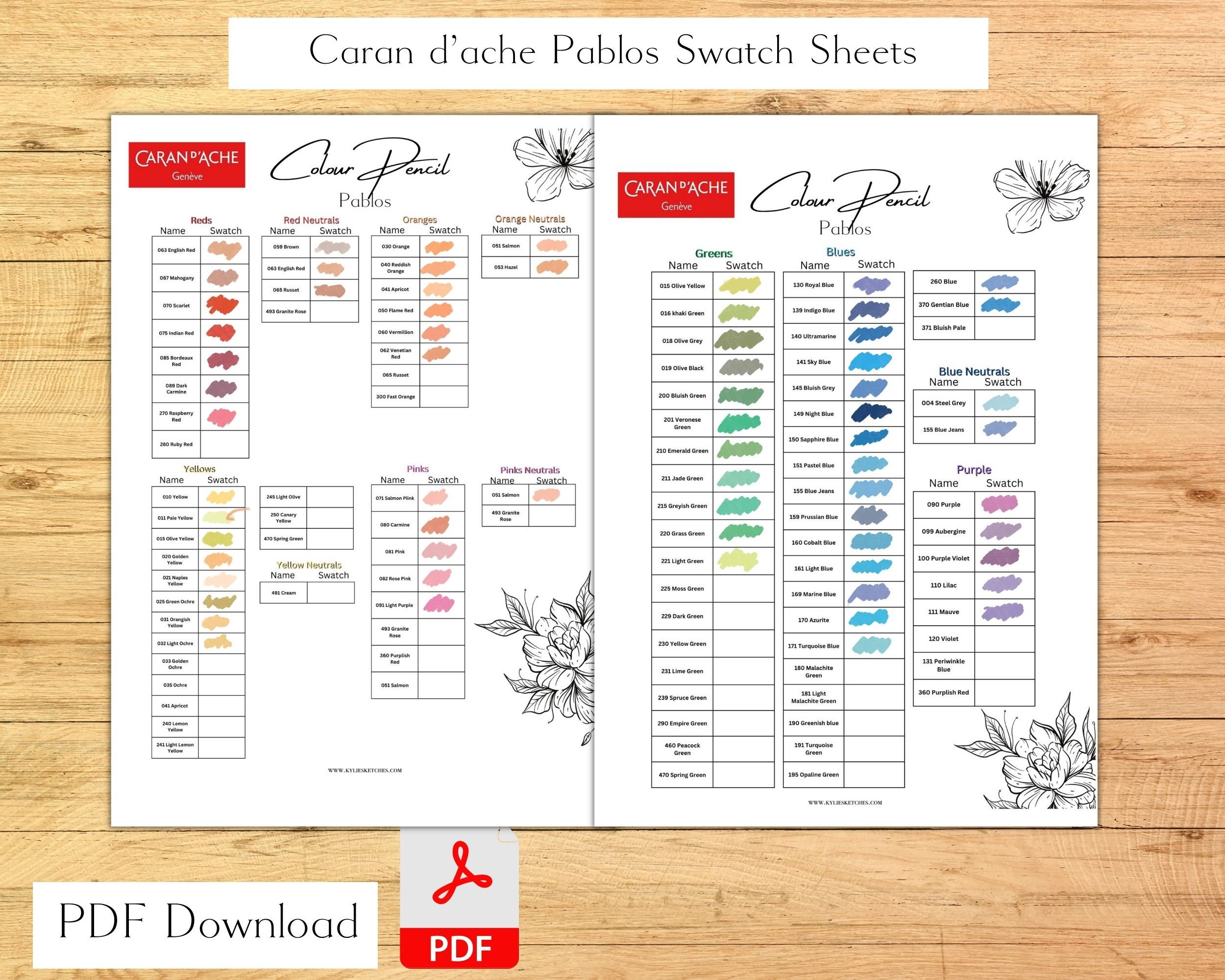 Caran D'ache Pablo 120 Colour Pencil Swatch Sheets in Colour Family ...