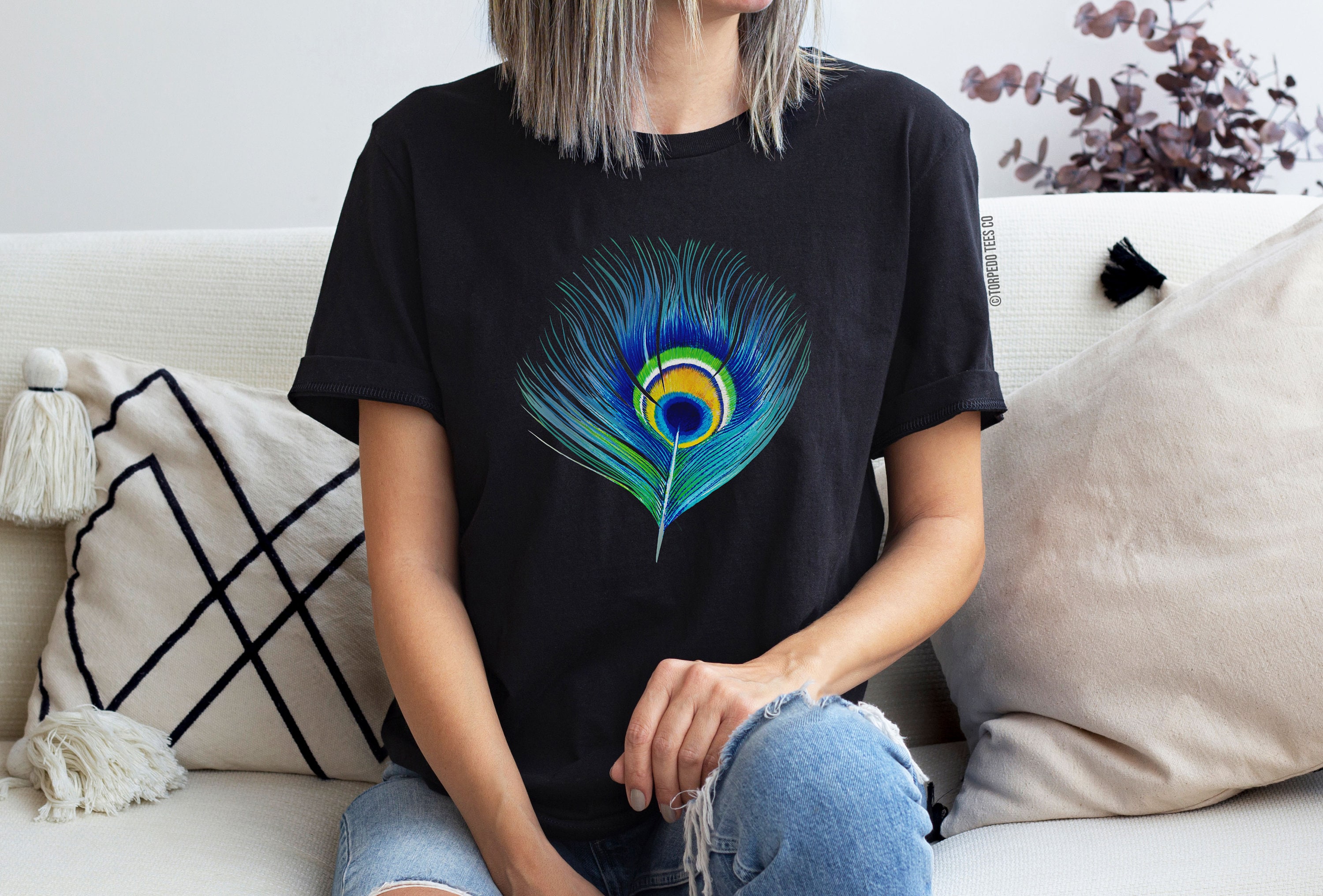 Peacock Feather Shirt Blue Feather Tee Watercolor Feather Graphic Tee ...