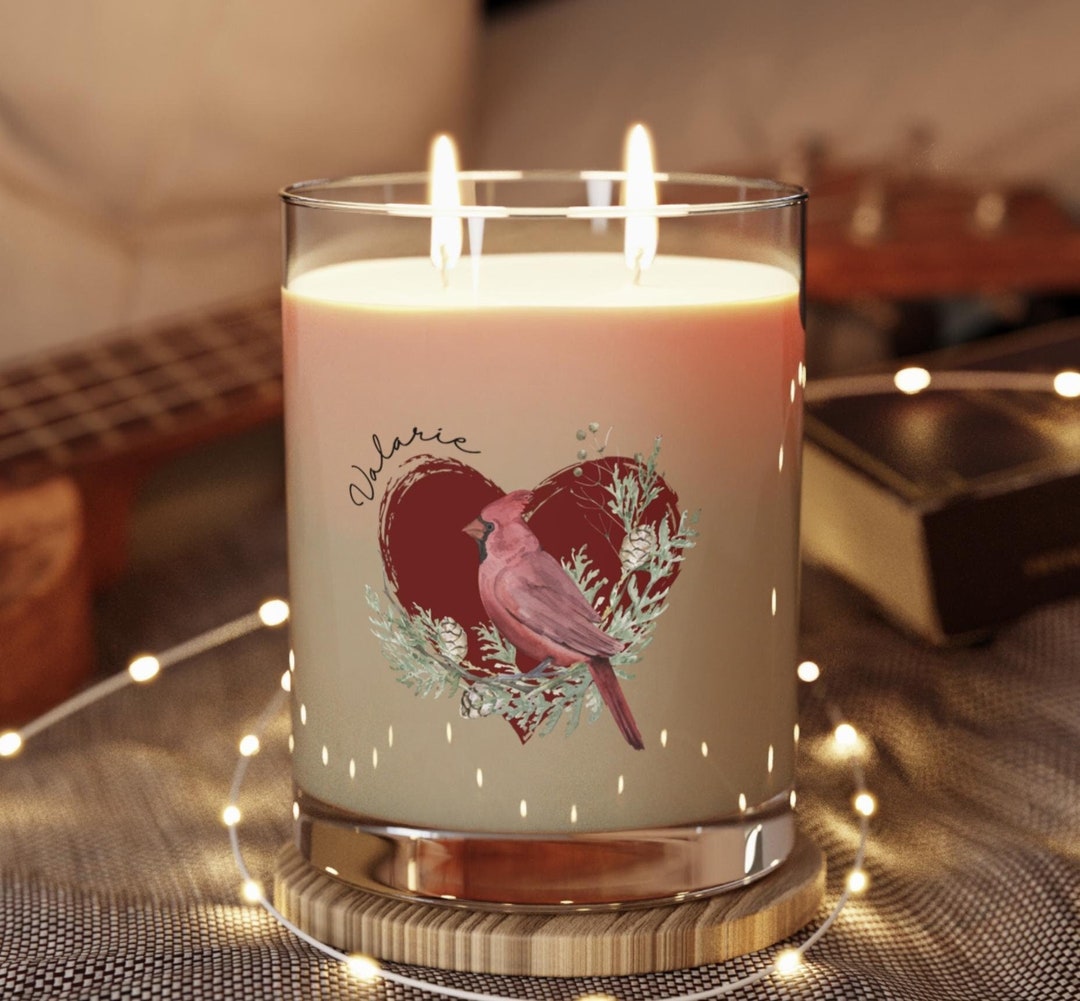 Personalized Memorial Cardinal Candle, Christmas Foliage, Glass Candle ...