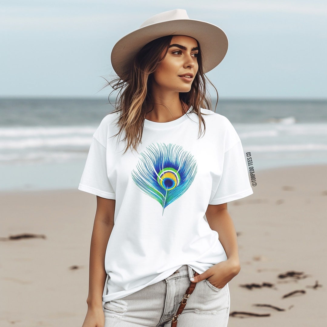 Peacock Feather Shirt Blue Feather Tee Watercolor Feather Graphic Tee ...