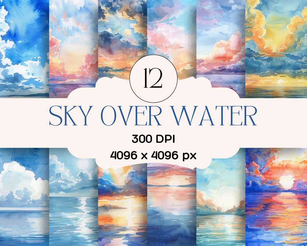 Sky Over Water Digital Scrapbook Paper Backgrounds-watercolor ...