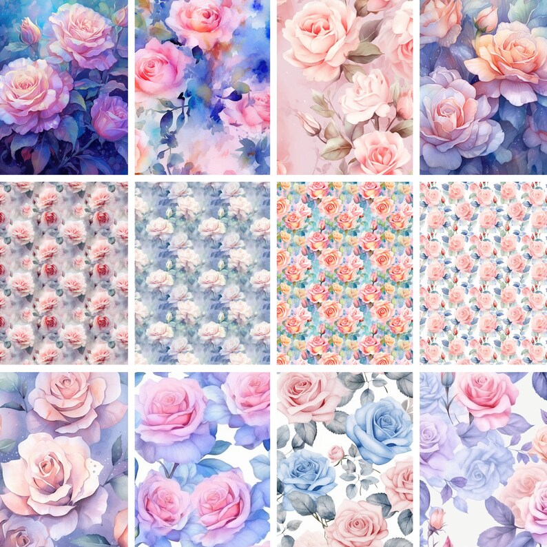 Pink and Blue Rose Designs- Floral Digital Scrapbook Set of 12- Pink ...