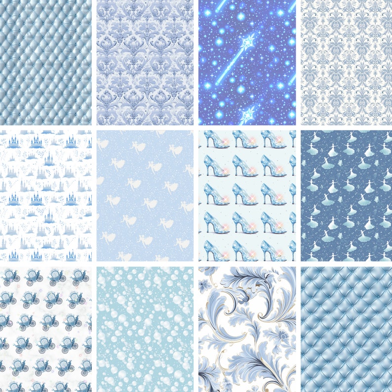 Cinderella Digital Scrapbook Paper Backgrounds-blue and Grey- Instant ...