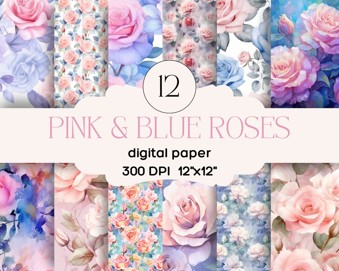 Pink and Blue Rose Designs- Floral Digital Scrapbook Set of 12- Pink ...