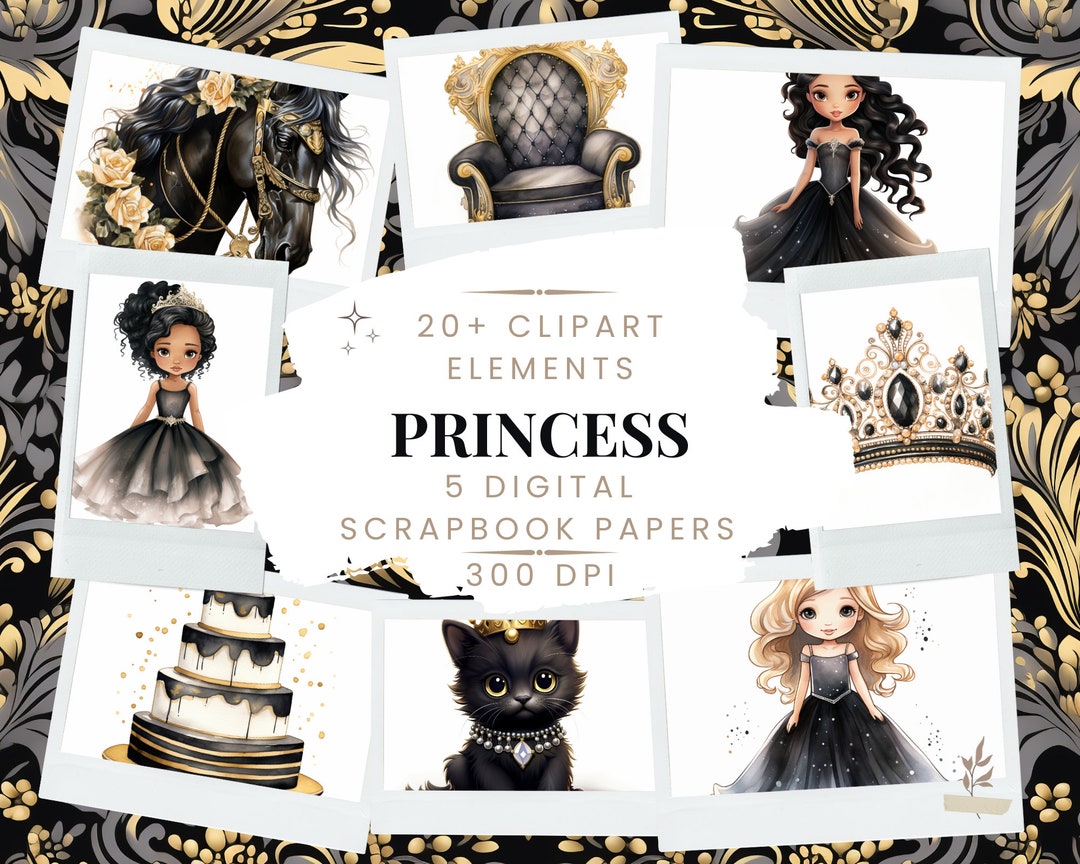Black and Gold Princess Party Clipart Design Bundle- 22 Clipart Images ...