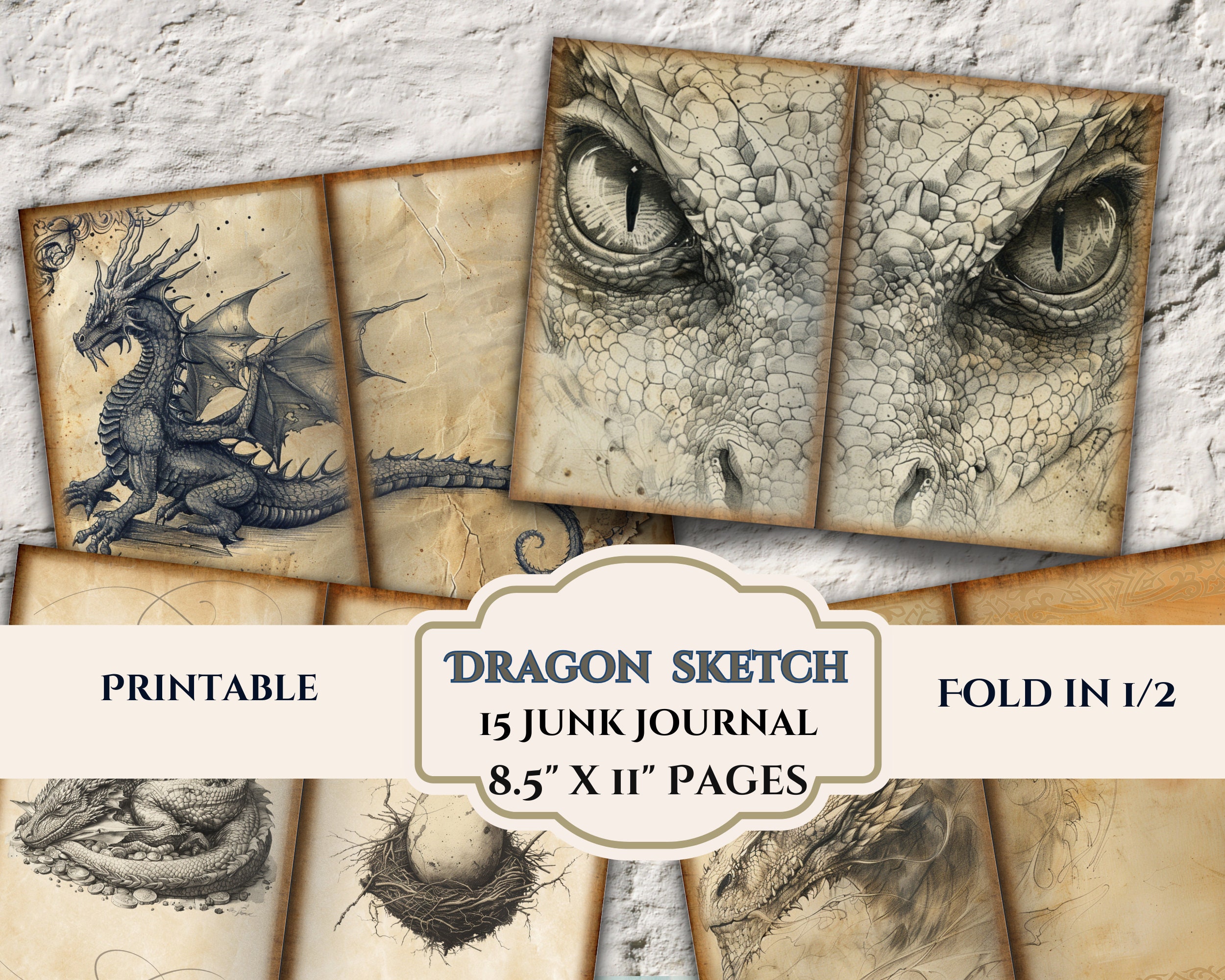 Victorian Dragon Sketch Junk Journal Pages- Fairytale Fantasy Gothic ...