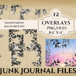 Printable Junk Journal Page Overlay- Garden Leaves Botanical- Black ...