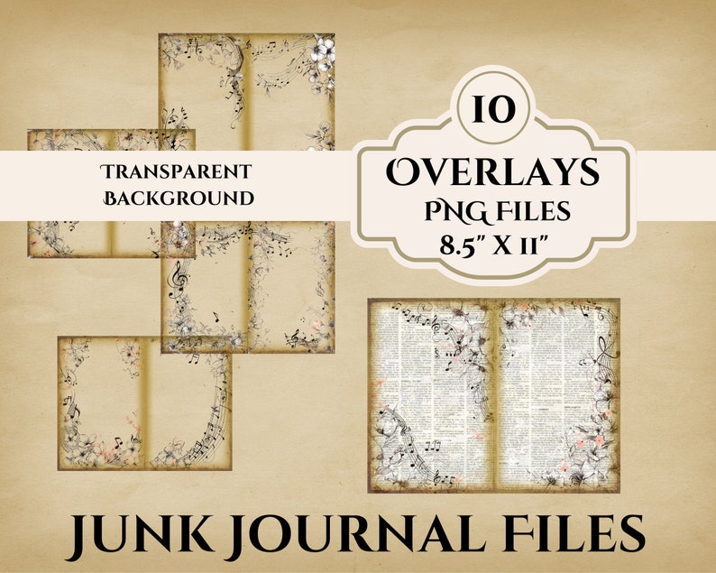 Printable Junk Journal Page Overlay- Musical Floral Border- Music Notes ...
