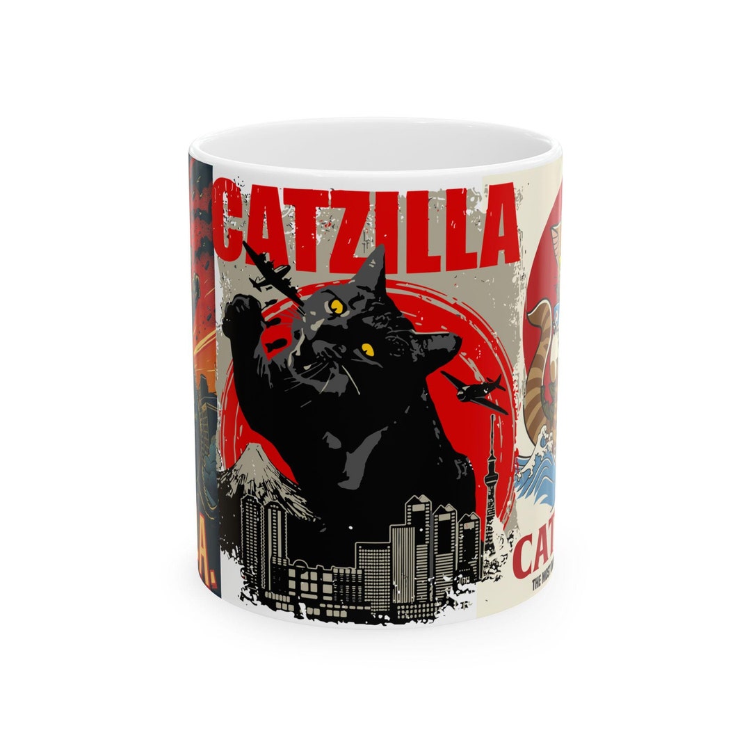 Ceramic Mug, 3 Panel Vintage Style Catzilla, Cute Cat Attack Coffee Mug ...