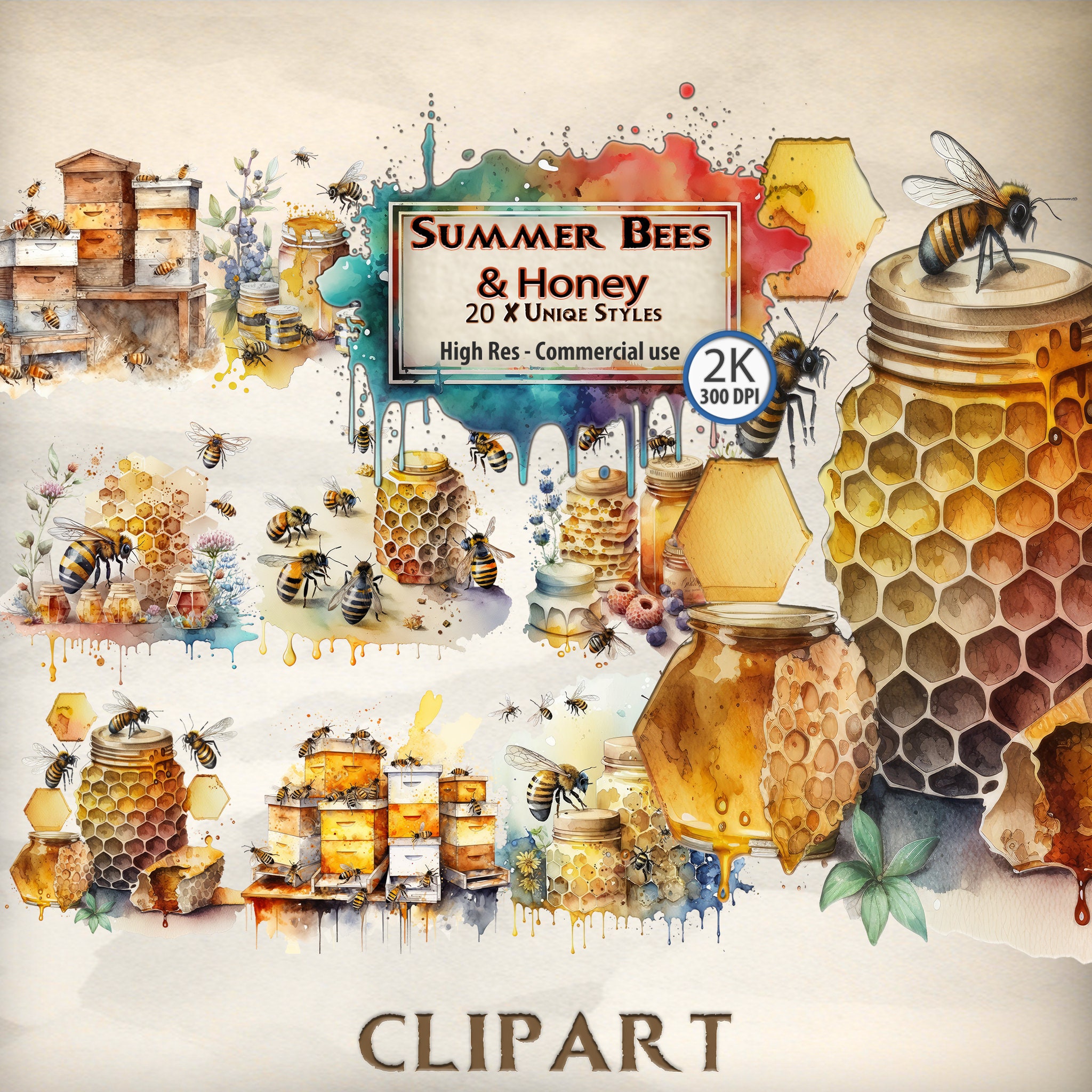 Watercolor Honey Bees Clipart: Summer Hives & Floral Graphics (PNG ...