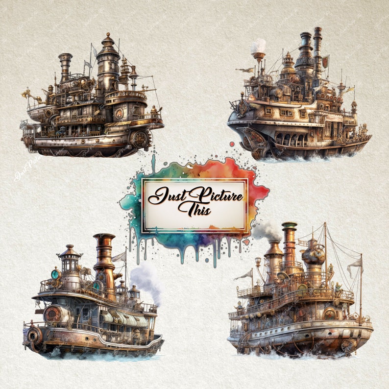 Steampunk Boats Clipart Vintage Ship Nautical Illustrations - Etsy