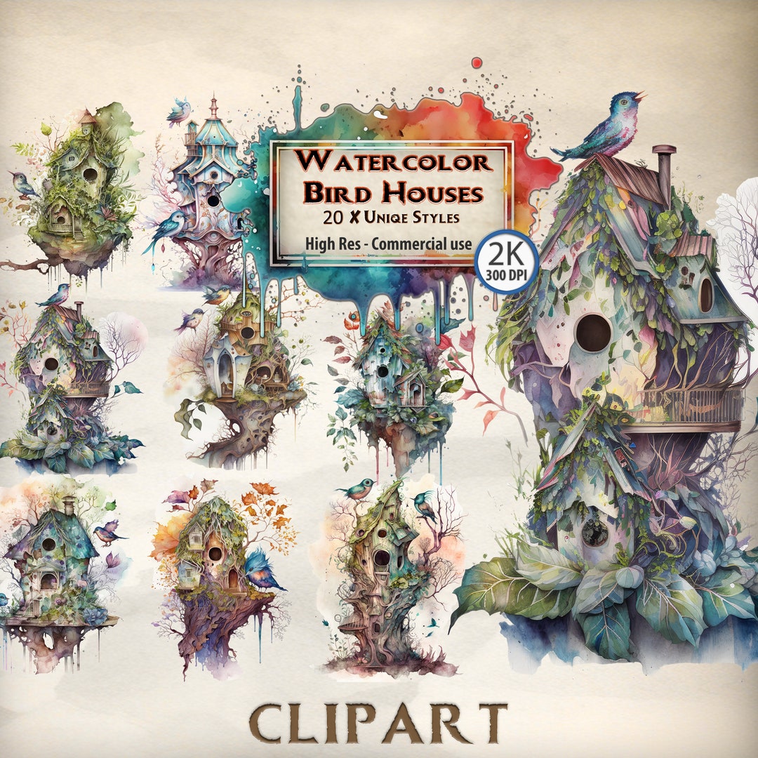 Birdhouse Clipart Watercolor Bird Clipart Bundle Vintage Birdhouses ...